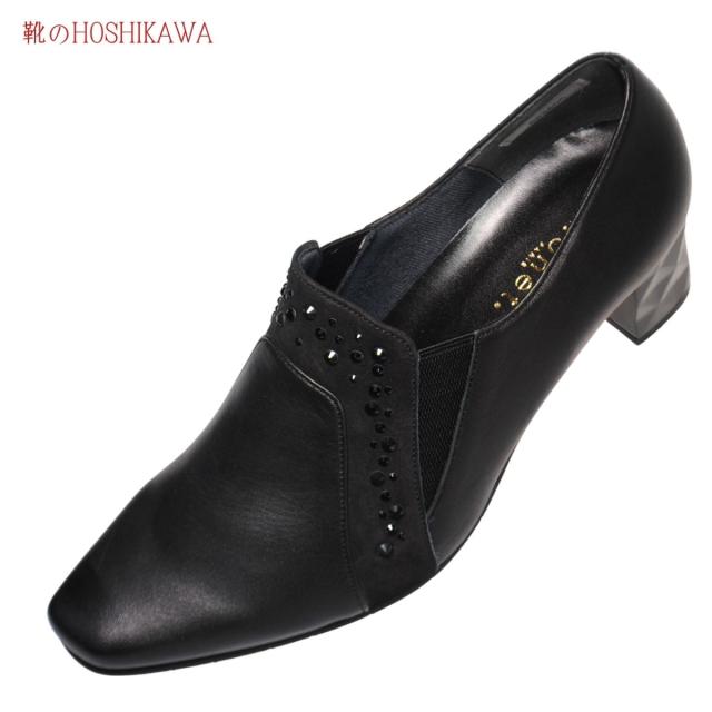 【靴のHOSHIKAWA】  『Monet 883405』 モネ パンプス 21.5cm〜24.5cm EEE レディース ブラック ヒール エレガンス サイドゴア スタッズ 日本製 本革