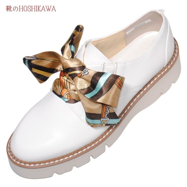 【靴のHOSHIKAWA】  『Monet 883523』 モネ ローファー 21.5cm〜24.5cm EEEE カジュアル ホワイト サイドゴア レースアップ 牛革 厚底 日本製
