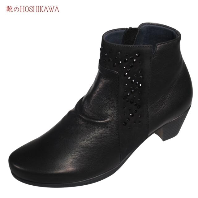 【靴のHOSHIKAWA】  『Monet 88982』 モネ ショートブーツ 21.5cm〜25cm EEE レディース ブラック ラインストーン スウェード カジュアル 内側ファスナー 日本製 本革 秋冬