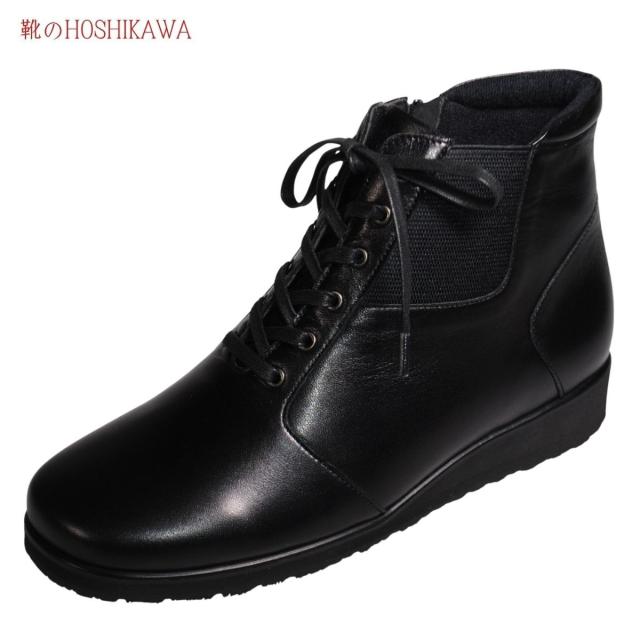 【靴のHOSHIKAWA】  『AMORA 800』 アモーラ ミドルブーツ 21.5cm〜24.5cm 5E レディース ブラック カジュアル ファスナー サイドゴア レース 日本製 本革 幅広 秋冬