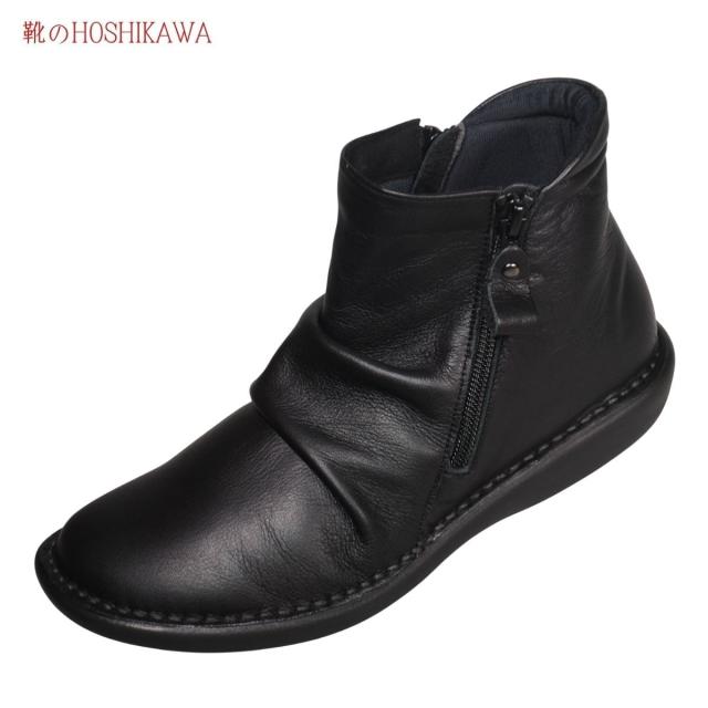 【靴のHOSHIKAWA】  『A-OK 19660N』 エーオーケー ブーティー 22cm〜25cm EEEE レディース ブラック ショート丈 ブーツ 両側ファスナー 幅広 牛革 国産 秋冬