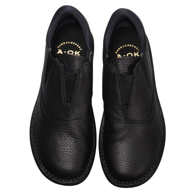 【靴のHOSHIKAWA】  『A-OK 22310A』 エーオーケー スリッポン 22cm〜24.5cm EEEE ブラック サイドゴア 低反発クッション コンフォート 牛革 日本製