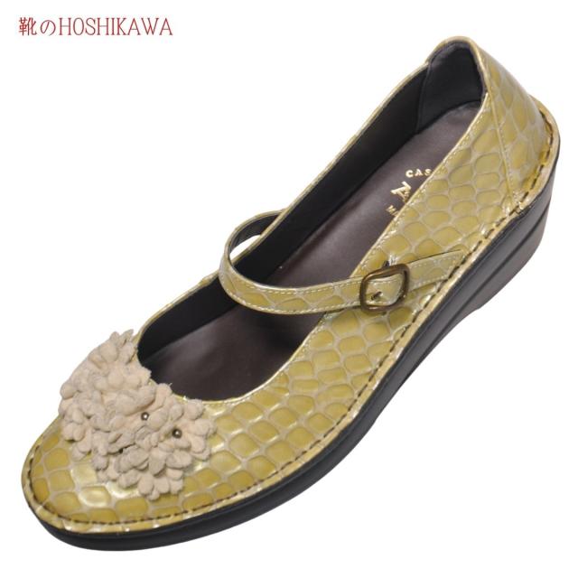 【靴のHOSHIKAWA】  『A-OK 32362』 エーオーケー パンプス 22cm〜24.5cm 幅広 オープントゥ レディース イエロー エナメル 厚底 甲バンド ストラップ 天然皮革 日本製