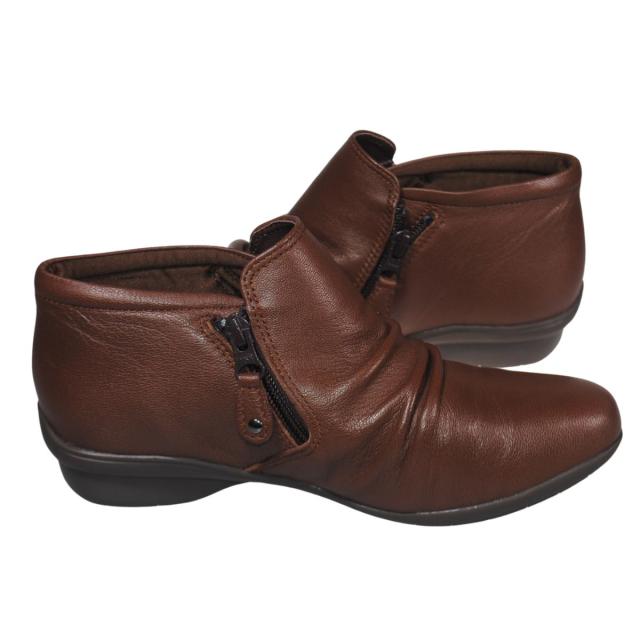 【靴のHOSHIKAWA】  『A-OK 3650』 エーオーケー ブーティー 22.5cm〜24.5cm レディース Lブラウン ショート丈 ブーツ 両側ファスナー 牛革 幅広 秋冬