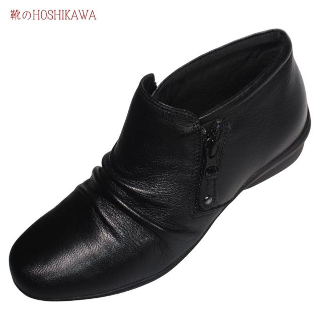 【靴のHOSHIKAWA】  『A-OK 3650』 エーオーケー ブーティー 22.5cm〜24.5cm レディース ブラック ショート丈 ブーツ 両側ファスナー 牛革 幅広 秋冬