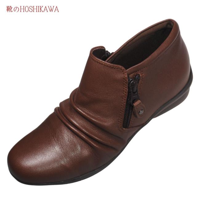 【靴のHOSHIKAWA】  『A-OK 3650』 エーオーケー ブーティー 22.5cm〜24.5cm レディース Lブラウン ショート丈 ブーツ 両側ファスナー 牛革 幅広 秋冬