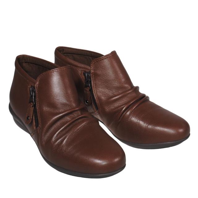 【靴のHOSHIKAWA】  『A-OK 3650』 エーオーケー ブーティー 22.5cm〜24.5cm レディース Lブラウン ショート丈 ブーツ 両側ファスナー 牛革 幅広 秋冬