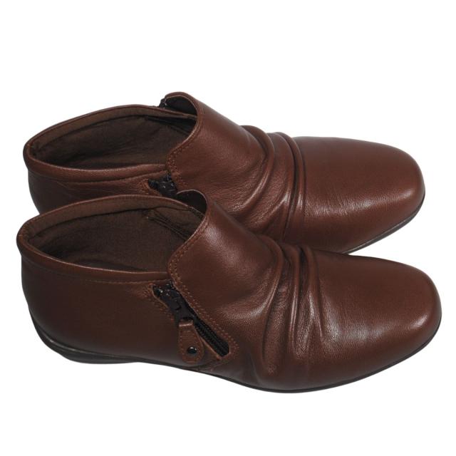 【靴のHOSHIKAWA】  『A-OK 3650』 エーオーケー ブーティー 22.5cm〜24.5cm レディース Lブラウン ショート丈 ブーツ 両側ファスナー 牛革 幅広 秋冬