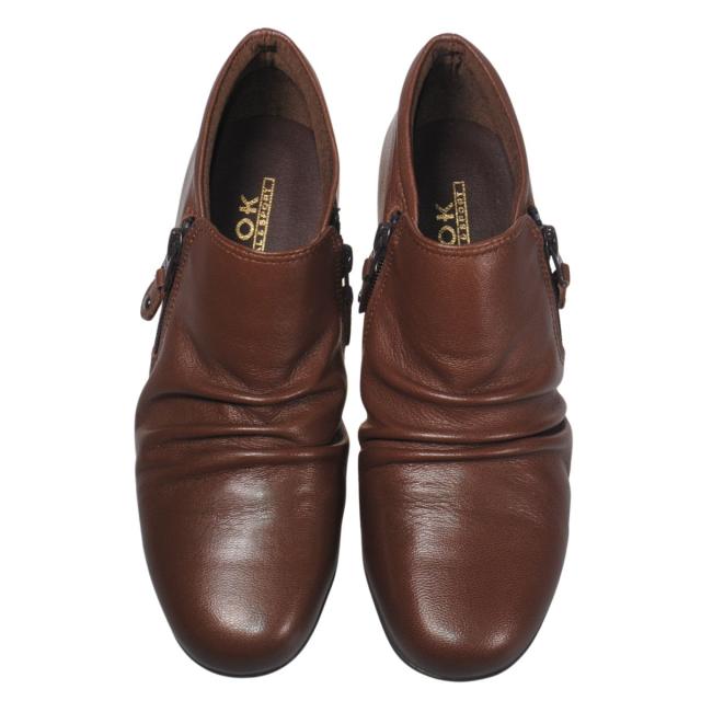 【靴のHOSHIKAWA】  『A-OK 3650』 エーオーケー ブーティー 22.5cm〜24.5cm レディース Lブラウン ショート丈 ブーツ 両側ファスナー 牛革 幅広 秋冬
