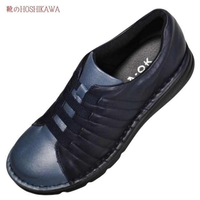 【靴のHOSHIKAWA】  『A-OK 3762』 エーオーケー スリッポン 22.5cm〜24.5cm EEEE ネイビー コンビカラー レディース ゴムレース 牛革 幅広 脱げにくい