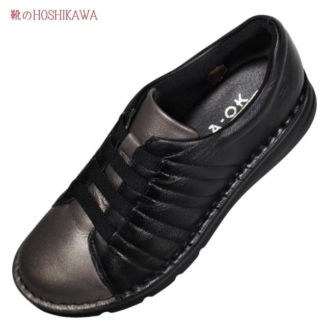 【靴のHOSHIKAWA】  『A-OK 3762』 エーオーケー スリッポン 22.5cm〜24.5cm EEEE プラチナ コンビカラー レディース ゴムレース 牛革 幅広 脱げにくい