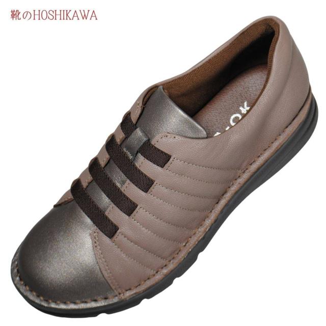 【靴のHOSHIKAWA】  『A-OK 3762』 エーオーケー スリッポン 22.5cm〜24.5cm EEEE グレージュ コンビカラー レディース ゴムレース 牛革 幅広 脱げにくい