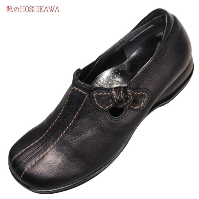【靴のHOSHIKAWA】  『A-OK 3863』 エーオーケー スリッポン 21.5cm〜25cm EEEE ブラック カジュアル レディース 外反母趾 スクエアトゥ コンフォート 日本製 牛革 防滑