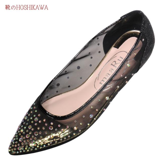【靴のHOSHIKAWA】  『maaRu 5603』 マアル カジュアルパンプス 22.5cm〜24.5cm レディース チュールレース ポインテッドトゥ ラインストーン ぺたんこ 通気性 軽量 春夏