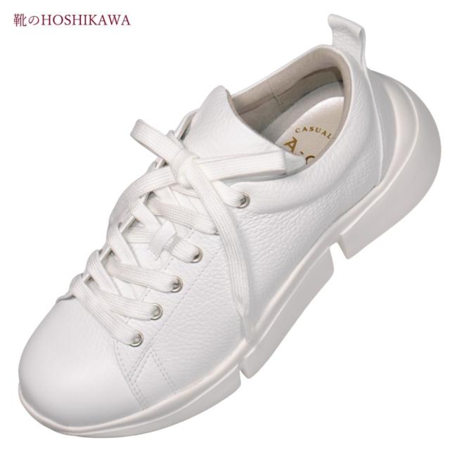 【靴のHOSHIKAWA】  『A-OK 602』 エーオーケー スニーカー 22cm〜24.5cm EEEE ホワイト レースアップ レディース 低反発クッション 牛革 厚底 幅広 日本製