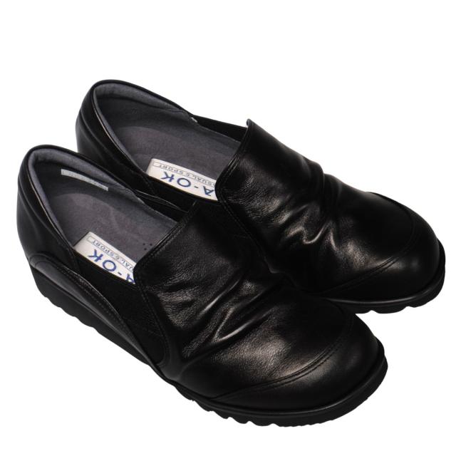 【靴のHOSHIKAWA】  『A-OK 6218』 エーオーケー スリッポン 22cm〜24.5cm レディース ブラック サイドゴア ブーティー シボ加工 牛革 幅広 日本製 秋冬