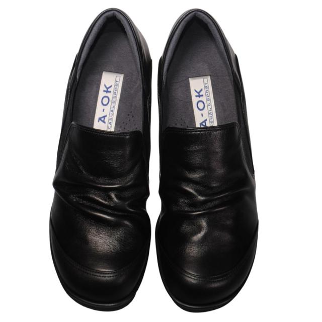 【靴のHOSHIKAWA】  『A-OK 6218』 エーオーケー スリッポン 22cm〜24.5cm レディース ブラック サイドゴア ブーティー シボ加工 牛革 幅広 日本製 秋冬