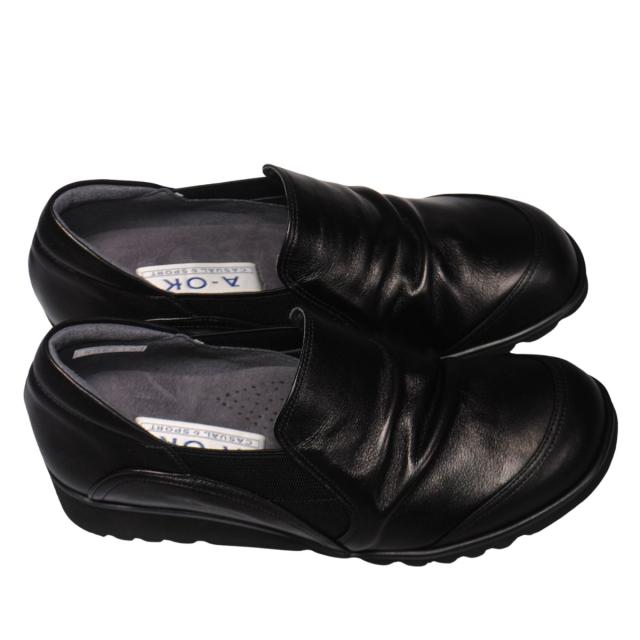 【靴のHOSHIKAWA】  『A-OK 6218』 エーオーケー スリッポン 22cm〜24.5cm レディース ブラック サイドゴア ブーティー シボ加工 牛革 幅広 日本製 秋冬