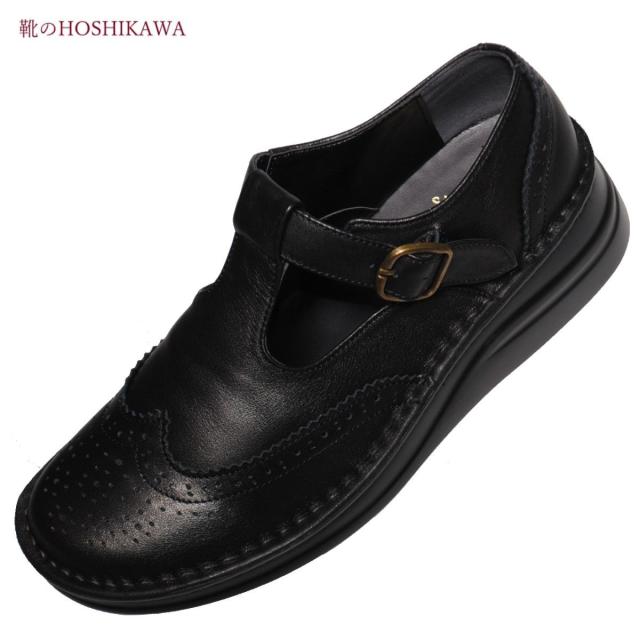 【靴のHOSHIKAWA】  『A-OK INCHOLJE 7068』 エーオーケー レザーシューズ 22cm〜24.5cm レディース スリッポン ブラック ストラップ 厚底 レースアップ 牛革