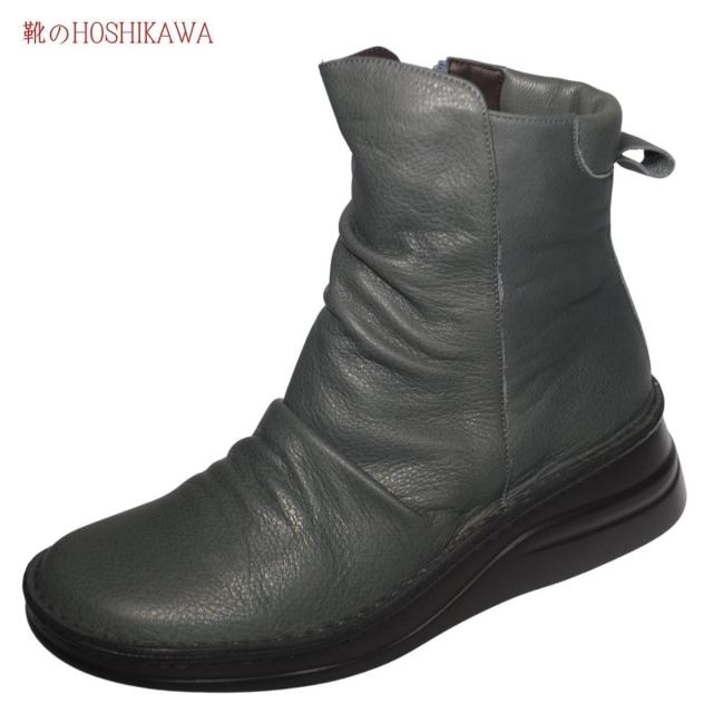 【靴のHOSHIKAWA】  『A-OK 7086』 エーオーケー ミドルブーツ 22cm〜25cm レディース チャコール ブーツ サイドファスナー 低反発素材 牛革 厚底 秋冬