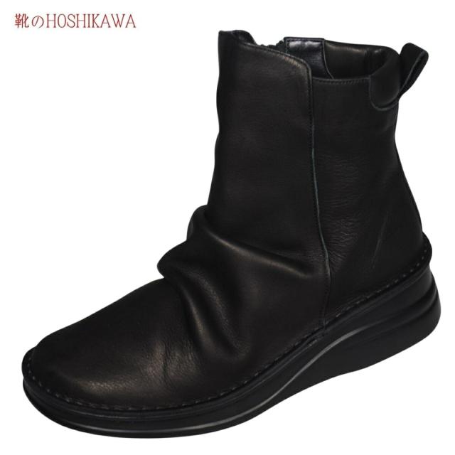 【靴のHOSHIKAWA】  『A-OK 70861』 エーオーケー ミドルブーツ 22cm〜25cm レディース ブラック ブーツ サイドファスナー 低反発素材 牛革 厚底 秋冬