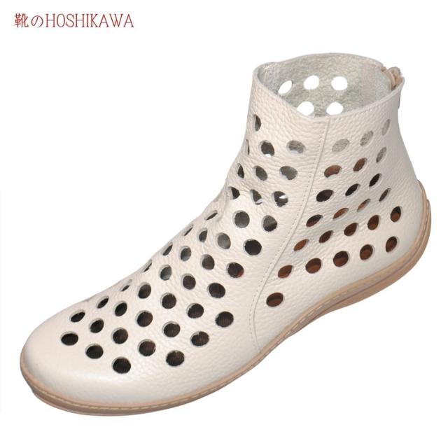 【靴のHOSHIKAWA】  『A-OK 7319』 エーオーケー ショートブーツ 21.5cm〜25cm レディース アイボリー 後ろファスナー 撥水加工  軽量 日本製 牛革 春夏