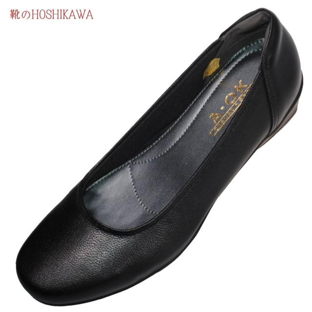 【靴のHOSHIKAWA】  『A-OK 7580』 エーオーケー パンプス 22cm〜24.5cm EEE レディース ブラック フォーマル ローヒール オールシーズン 牛革