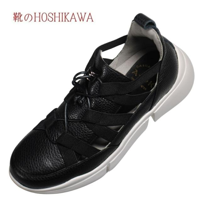 【靴のHOSHIKAWA】  『A-OK FK606』 エーオーケー サンダルシューズ 22cm〜25cm EEEE ブラック レディース コンフォート 軽量 ゴムレース 牛革 日本製 幅広 春夏