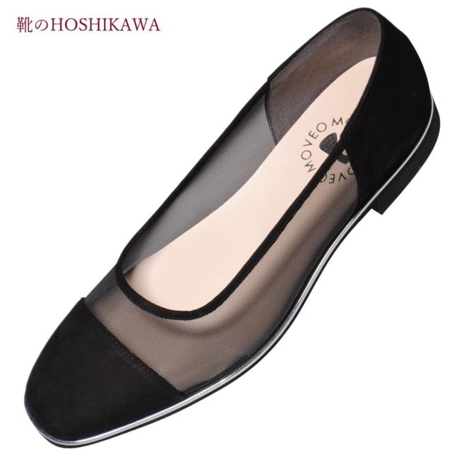 【靴のHOSHIKAWA】  『MOVEO 012』 モベオ パンプス 21.5cm〜24.5cm EEE ブラック レディース ローヒール チュールレース 国産 牛革 春夏