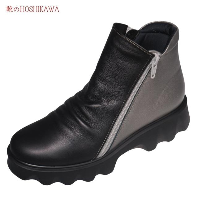 【靴のHOSHIKAWA】  『MOVEO 25261』 モベオ ショートブーツ 22.5cm〜24.5cm EEEE レディース ブラックPT 日本製 幅が広い 本革 厚底 防寒 秋冬