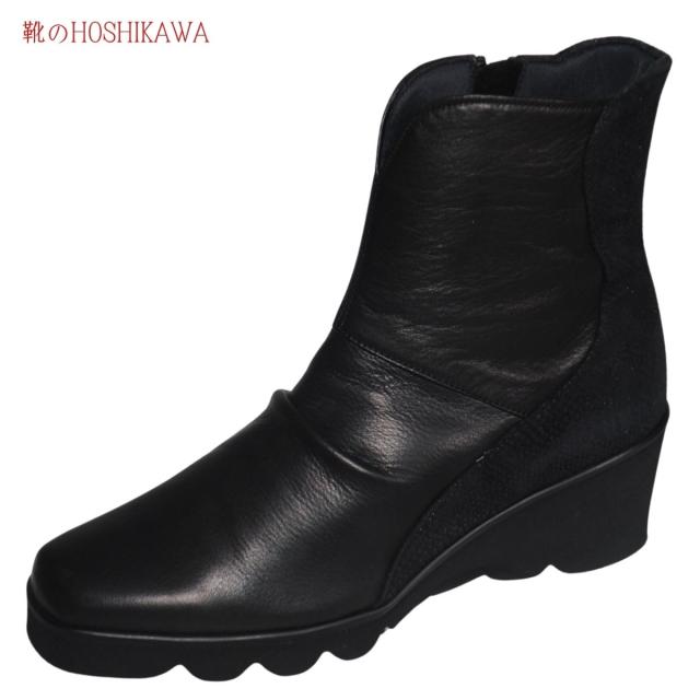 【靴のHOSHIKAWA】  『SPORTS NINE 2104』 スポーツナイン ショートブーツ 21.5cm〜24.5cm ブラック レディース ショート丈 ウェッジソール 本革 国産 秋冬