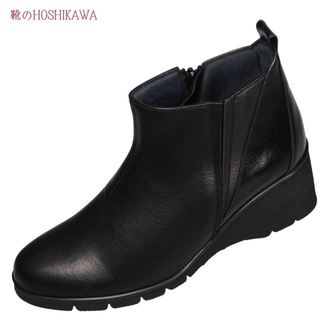 【靴のHOSHIKAWA】  『SPORTS NINE 4525』 スポーツナイン ショートブーツ 22cm〜24.5cm EEE ブラック レディース ウェッジソール ショート丈 スムース革 本革 幅広 国産 防滑
