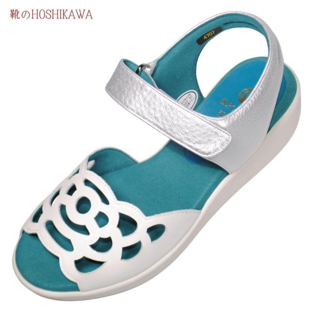 【靴のHOSHIKAWA】  『SPORTS NINE 4707』 スポーツナイン サンダル 21.5cm〜24.5cm EEE ホワイト オープントゥ ウェッジソール マジックテープ コンフォート バックベルト 日本製 本革 春夏