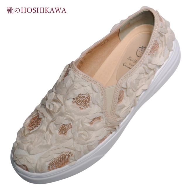 【靴のHOSHIKAWA】  『End Beare 798』 エルドベーレ スリッポン S M L LL レディース ベージュ サイドゴア スパンコール 花柄 厚底 幅広