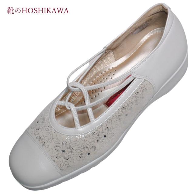 【靴のHOSHIKAWA】  『SALON DE GRES 13687』 サロンドグレー バレエシューズ 21.5cm〜25cm EEEE レディース アイボリー パンプス ウェッジソール 牛革 国産