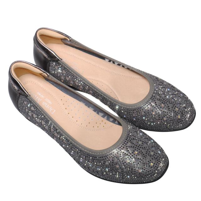 【靴のHOSHIKAWA】  『Dona Miss 129-9』 22cm〜24.5cm レディース ドナミス パンプス ガンメタ ラインストーン ウェッジソール インヒール チュールレース 涼しい 本革 軽い 春夏