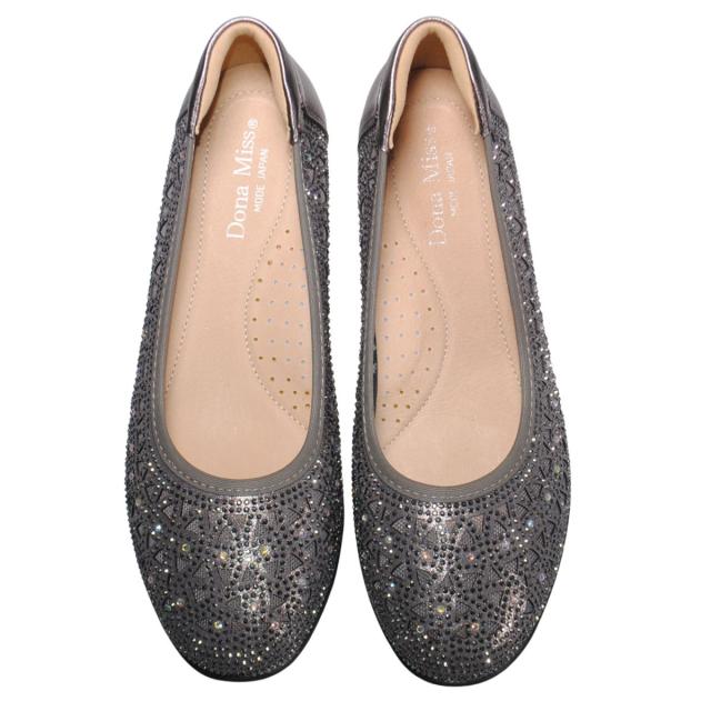 【靴のHOSHIKAWA】  『Dona Miss 129-9』 22cm〜24.5cm レディース ドナミス パンプス ガンメタ ラインストーン ウェッジソール インヒール チュールレース 涼しい 本革 軽い 春夏