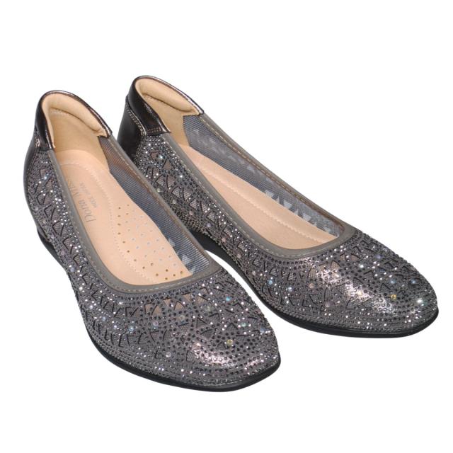 【靴のHOSHIKAWA】  『Dona Miss 129-9』 22cm〜24.5cm レディース ドナミス パンプス ガンメタ ラインストーン ウェッジソール インヒール チュールレース 涼しい 本革 軽い 春夏