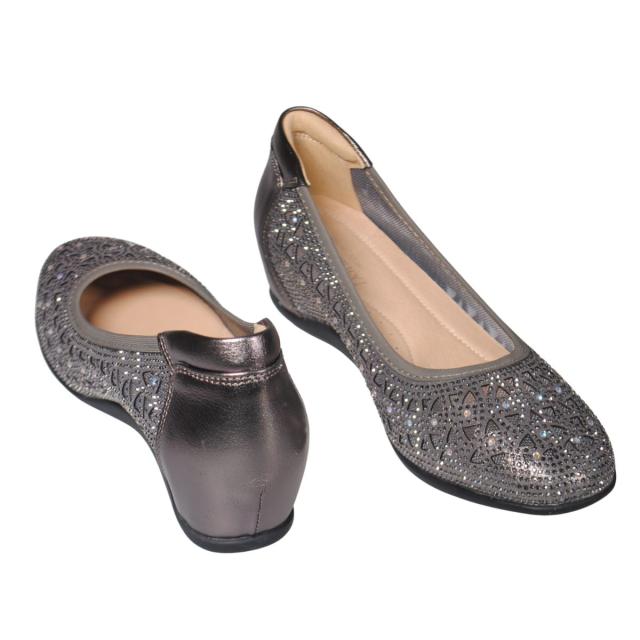 【靴のHOSHIKAWA】  『Dona Miss 129-9』 22cm〜24.5cm レディース ドナミス パンプス ガンメタ ラインストーン ウェッジソール インヒール チュールレース 涼しい 本革 軽い 春夏