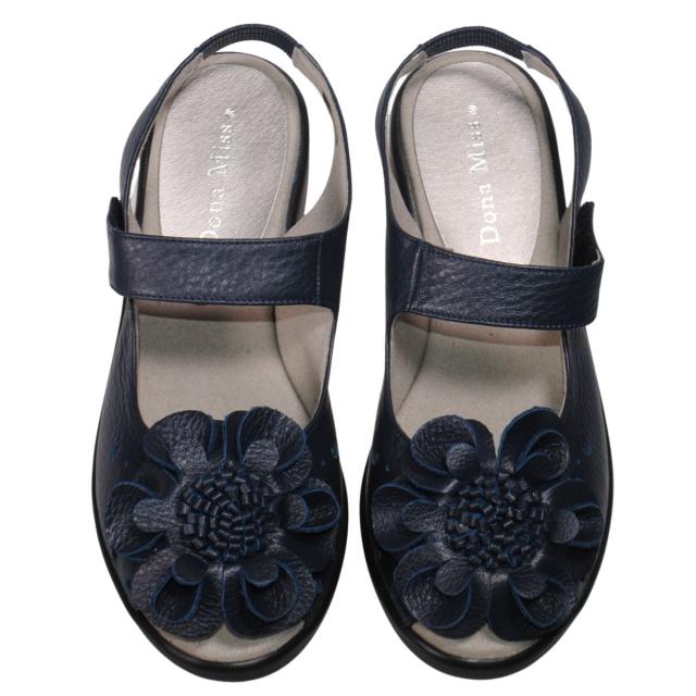 【靴のHOSHIKAWA】  『Dona Miss 1488』 ドナミス サンダル 21.5cm〜24.5cm EEEE  レディース ネイビー フラワーモチーフ バックベルト コンフォート 国産 厚底 本革 春夏