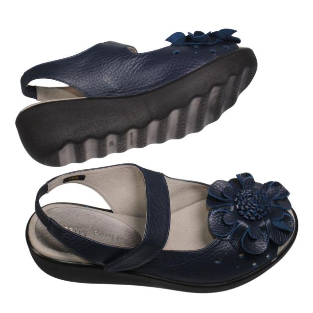 【靴のHOSHIKAWA】  『Dona Miss 1488』 ドナミス サンダル 21.5cm〜24.5cm EEEE  レディース ネイビー フラワーモチーフ バックベルト コンフォート 国産 厚底 本革 春夏