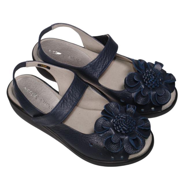 【靴のHOSHIKAWA】  『Dona Miss 1488』 ドナミス サンダル 21.5cm〜24.5cm EEEE  レディース ネイビー フラワーモチーフ バックベルト コンフォート 国産 厚底 本革 春夏