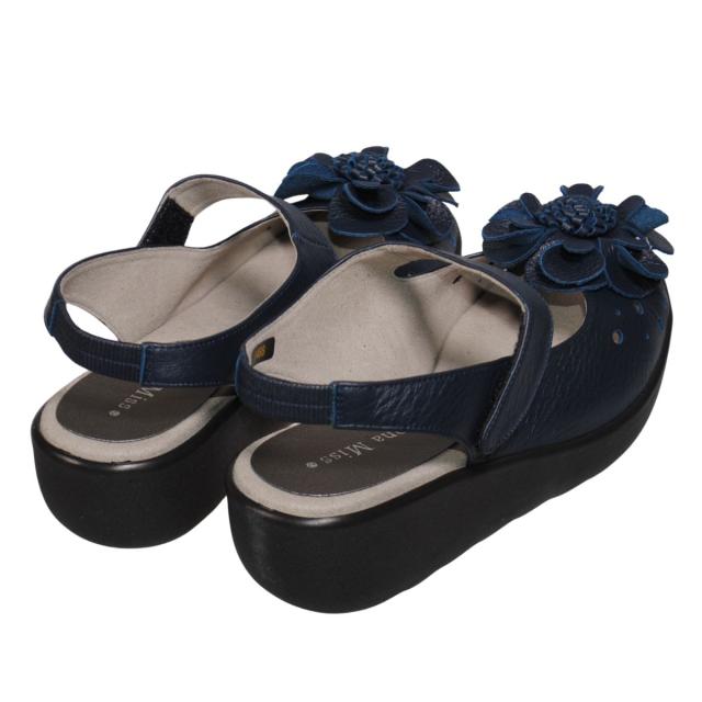 【靴のHOSHIKAWA】  『Dona Miss 1488』 ドナミス サンダル 21.5cm〜24.5cm EEEE  レディース ネイビー フラワーモチーフ バックベルト コンフォート 国産 厚底 本革 春夏