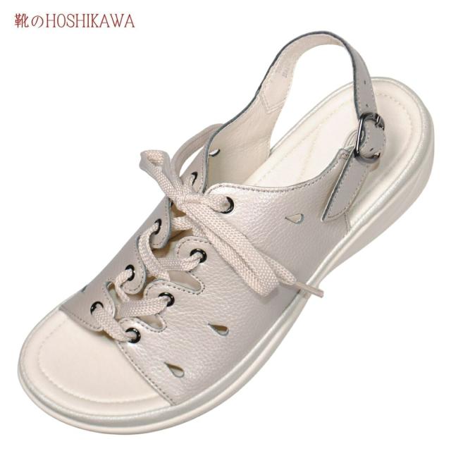 【靴のHOSHIKAWA】  『Dona Miss 186--32』 22.5cm〜25cm コンフォートサンダル ドナミス レディース レースアップ グレー オープントゥ バックベルト 低反発クッション 本革 春夏