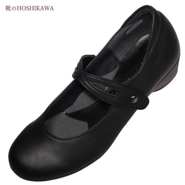 【靴のHOSHIKAWA】  『Dona Miss 2318』 ドナミス パンプス 22cm〜24.5cm EEEE ブラック レディース ウェッジソール ベルクロ 幅広 牛革 国産
