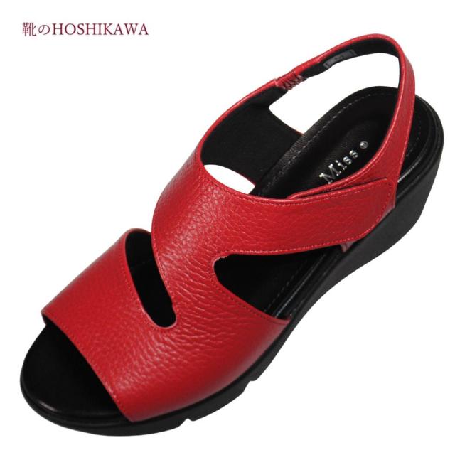 【靴のHOSHIKAWA】  『Dona Miss 410』 ドナミス パックベルトサンダル S M L LL EEEE レッド レディース オープントゥ ヒール ウェッジソール マジックテープ 日本製 厚底 本革 春夏