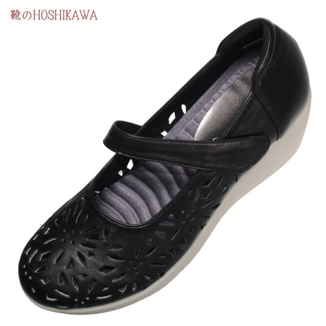 【靴のHOSHIKAWA】  『Dona Miss 423』 ドナミス ウェッジソールパンプス 21.5cm〜24.5cm EEEE ブラック レディース ウェッジヒール ベルクロ 幅広 牛革 国産