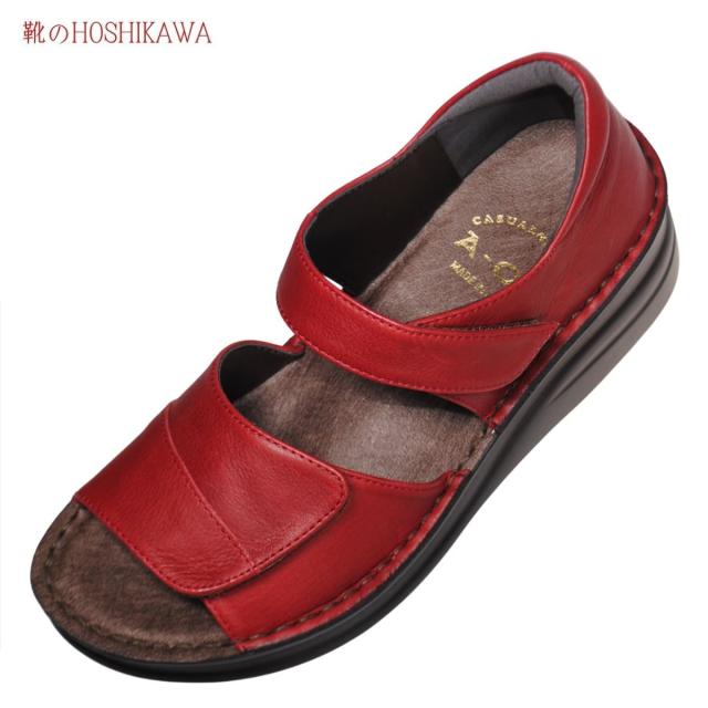 【靴のHOSHIKAWA】  『A-OK 42341』 エーオーケー サンダル S〜2L レディース オープントゥ ワイン コンフォ—ト マジックテープ 日本製 牛革