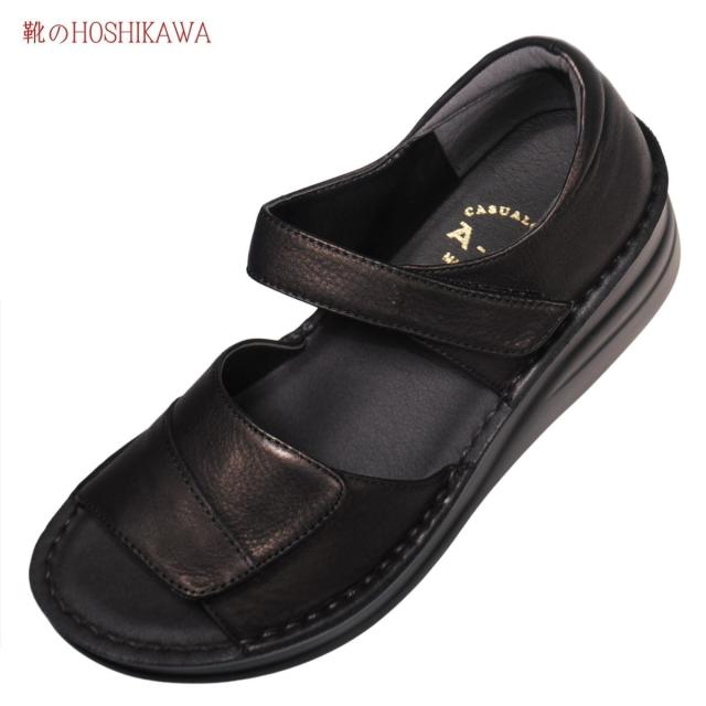 【靴のHOSHIKAWA】  『A-OK 42341』 エーオーケー サンダル S〜2L レディース オープントゥ ブラック コンフォ—ト マジックテープ 日本製 牛革