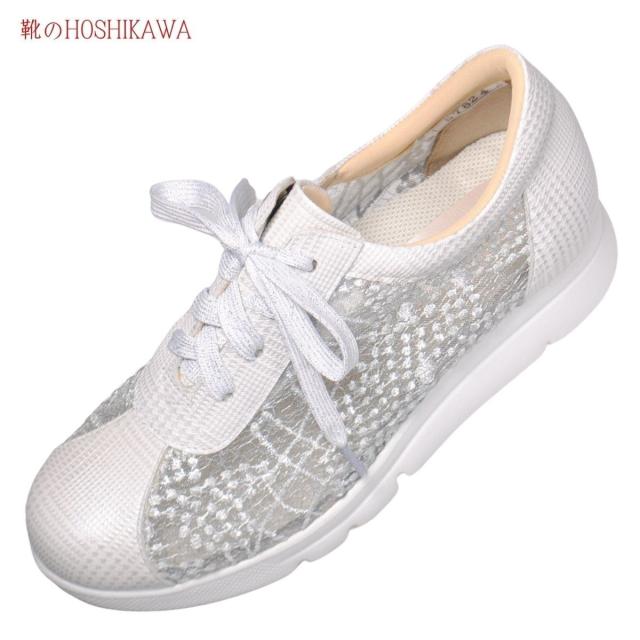 【靴のHOSHIKAWA】  『Dona Miss 57824』 ドナミス コンフォートシューズ 21.5cm〜25cm EEEE ホワイト チュールレース レディース レースアップ 幅広 牛革 国産 春夏